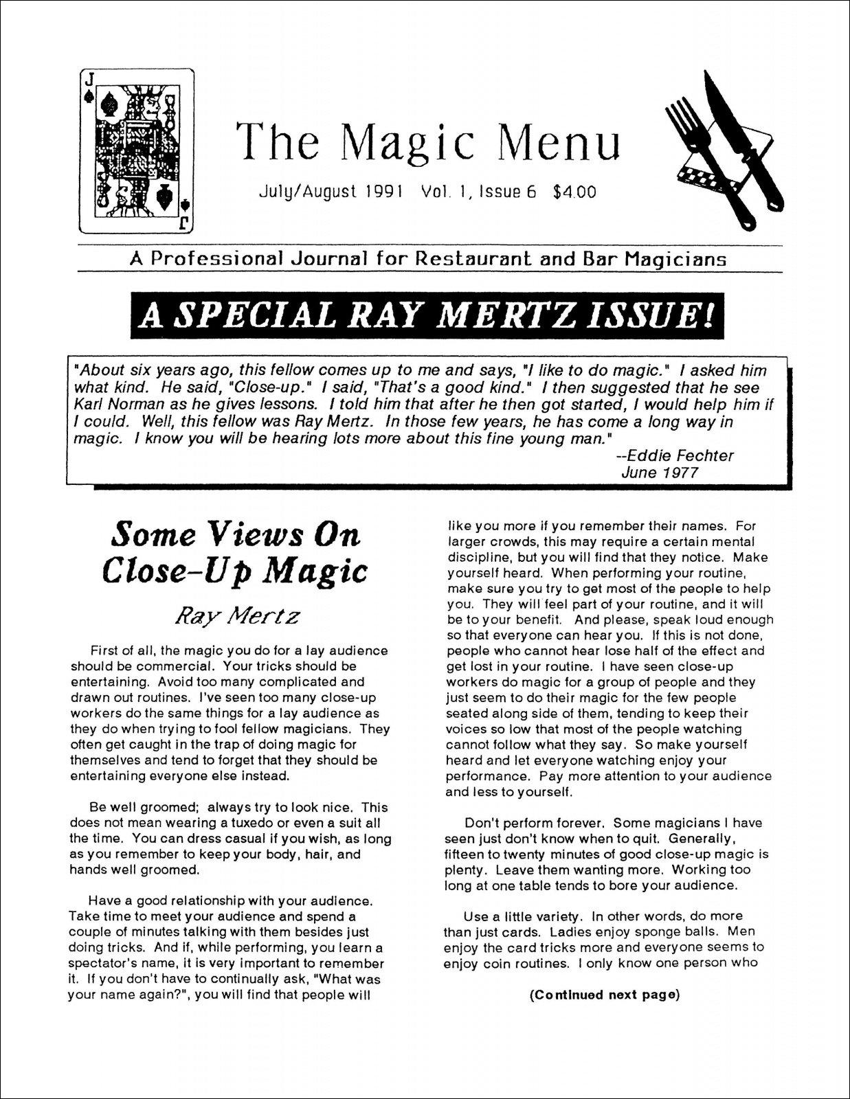 Magic Menu volume 1, number 6 (Jul - Aug 1991) by Jim Sisti : Lybrary.com